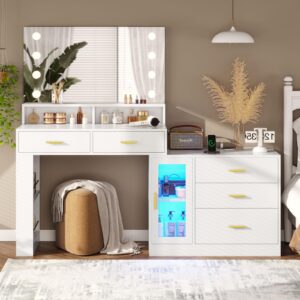 AOGLLATI Makeup Vanity Desk with Mirror and Lights & Charging Station, White Vanity Table with 3 Drawers LED Dresser, Makeup Desk with 3 Lighting Modes, 5 Drawers and Cabinet Storage