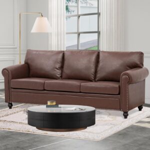 INOTEVERITORY Brown Leather Couch，Comfy Classic 3 Seater Living Room Sofa，Mid-Century Modern Sofa with Detachable Cushions 84" for Living Rooms, Bedrooms, Offices,Apartments Tool-Free Assembly