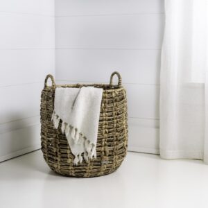 happimess BSK1003A Laurel Bohemian Hand-Woven Abaca Basket with Handles for Storage and Decoration in Bedroom, Living Room, Laundry Room, Entryway, Natural