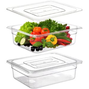 bekith 2 pack clear polycarbonate food pans with lids, half size 4 inch deep, stackable plastic food pans for commercial kitchen restaurant food prep, freezer-safe