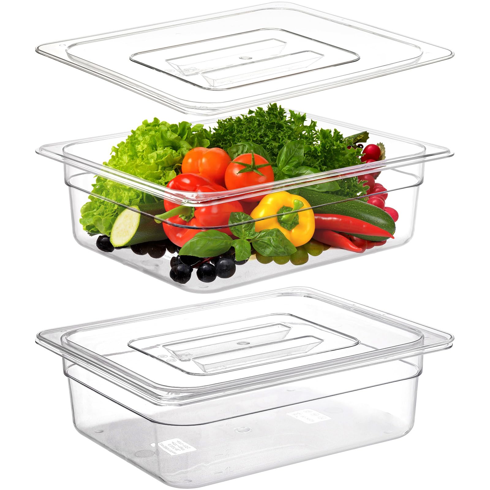 Bekith 2 Pack Clear Polycarbonate Food Pans with Lids, Half Size 4 Inch Deep, Stackable Plastic Food Pans for Commercial Kitchen Restaurant Food Prep, Freezer-Safe