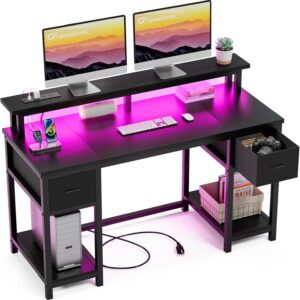 greenforest computer desk 50 inch with monitor stand and led lights, gaming desk with 2 fabric drawers and power outlets, office desk with shelves, black