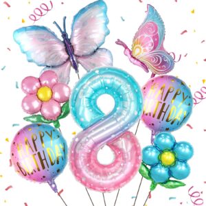 futureferry butterfly balloons 8th birthday decorations for girls colorful gradient pink butterfly foil balloons for fairy first birthday party baby shower decor (number 8)