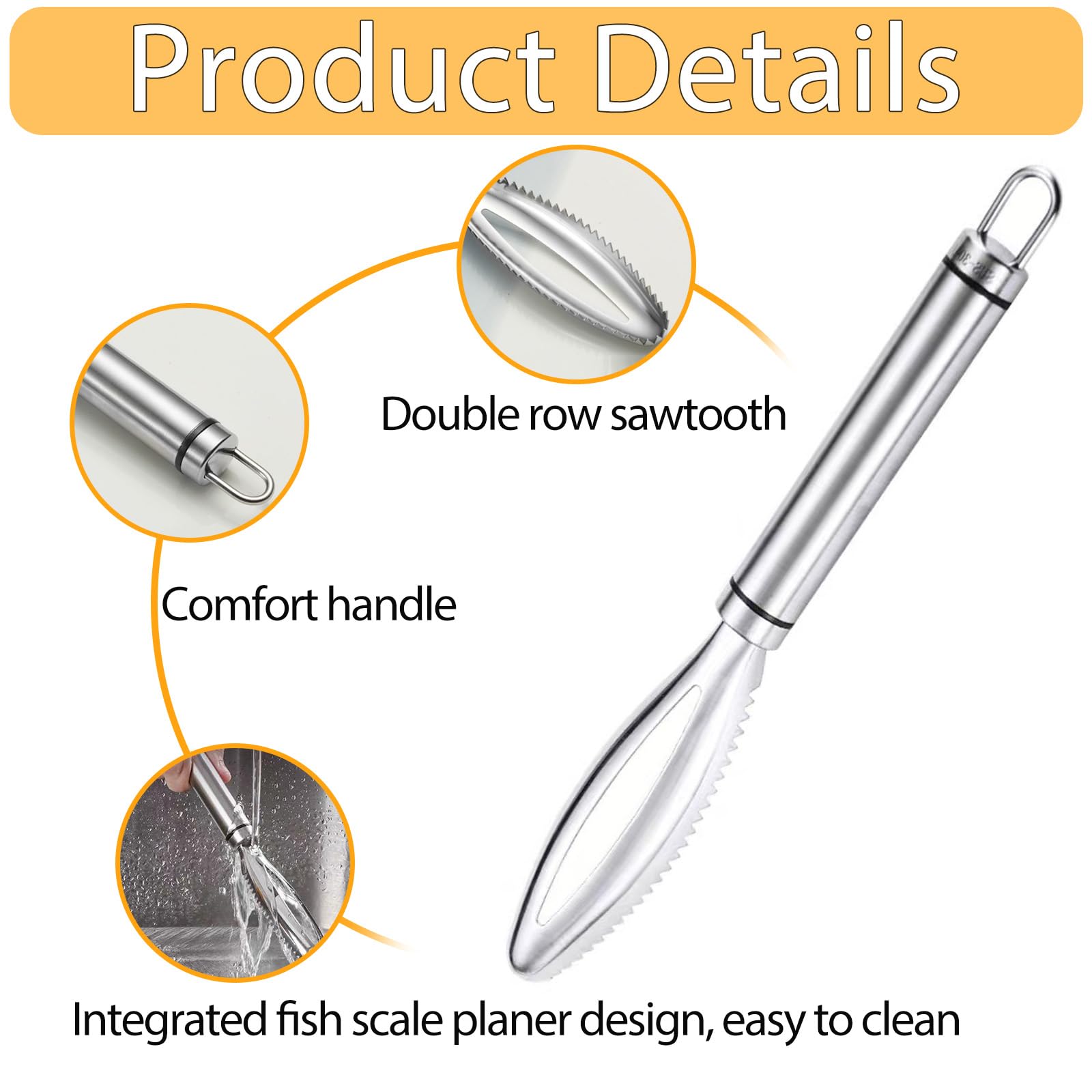 Haikole fish scaler Stainless Steel Fish Scaler Remover,Portable 304 Stainless Steel Fish Scaler Remover,Sawtooth Fish Descaler Tool for Seafood Markets,Family Kitchen seafood tools (Stainless Steel)