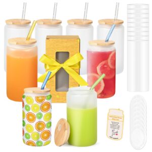 sublimation glass blanks with bamboo lid, 16oz frosted sublimation beer can glass with glass straws present box mason jar cups (8 pack, frosted)