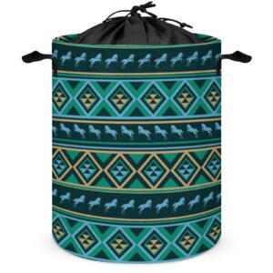 large laundry basket, teal green native american tribal ethnic western horse collapsible drawstring laundry hamper, waterproof storage baskets with handles for household bedroom, bathroom, dorm