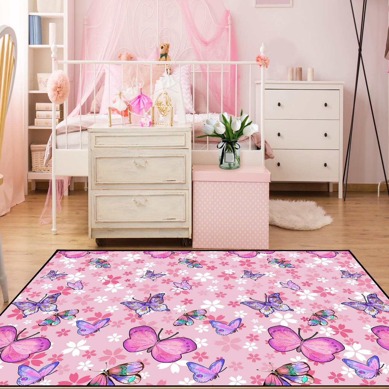 Pink Butterfly Rug - Butterfly Area Rug - Fantasy Butterflies Printed Carpets for Girls Kids Butterfly Theme Living Room Indoor Bedroom Decor 4'5''×6' Soft Polyester Large Yoga Mat