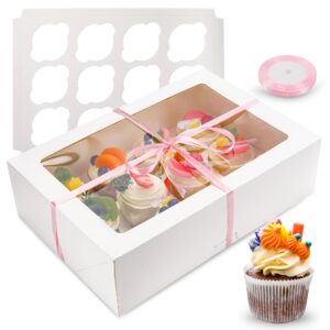 nplux cupcake boxes 6 packs,white dozen cupcake containers with window fit 12 cupcakes or muffins with ribbon