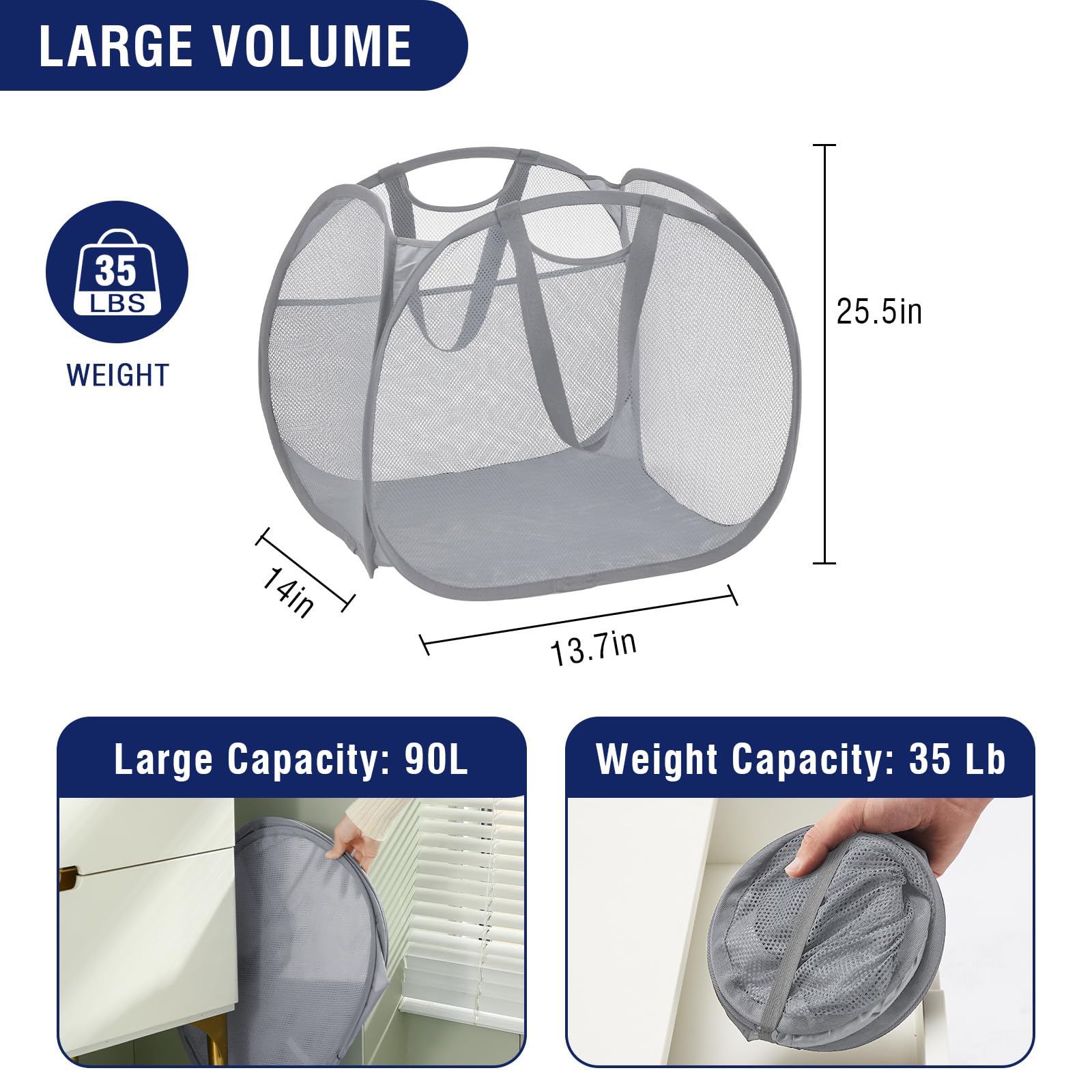 TECHMILLY Collapsible Mesh Pop Up Laundry Hamper with Strong Handles, Large Opening Clothes Hamper with Side Pockets, Storage Baskets for Dorm, Laundry Room, Bathroom or Travel (Grey, 90L)