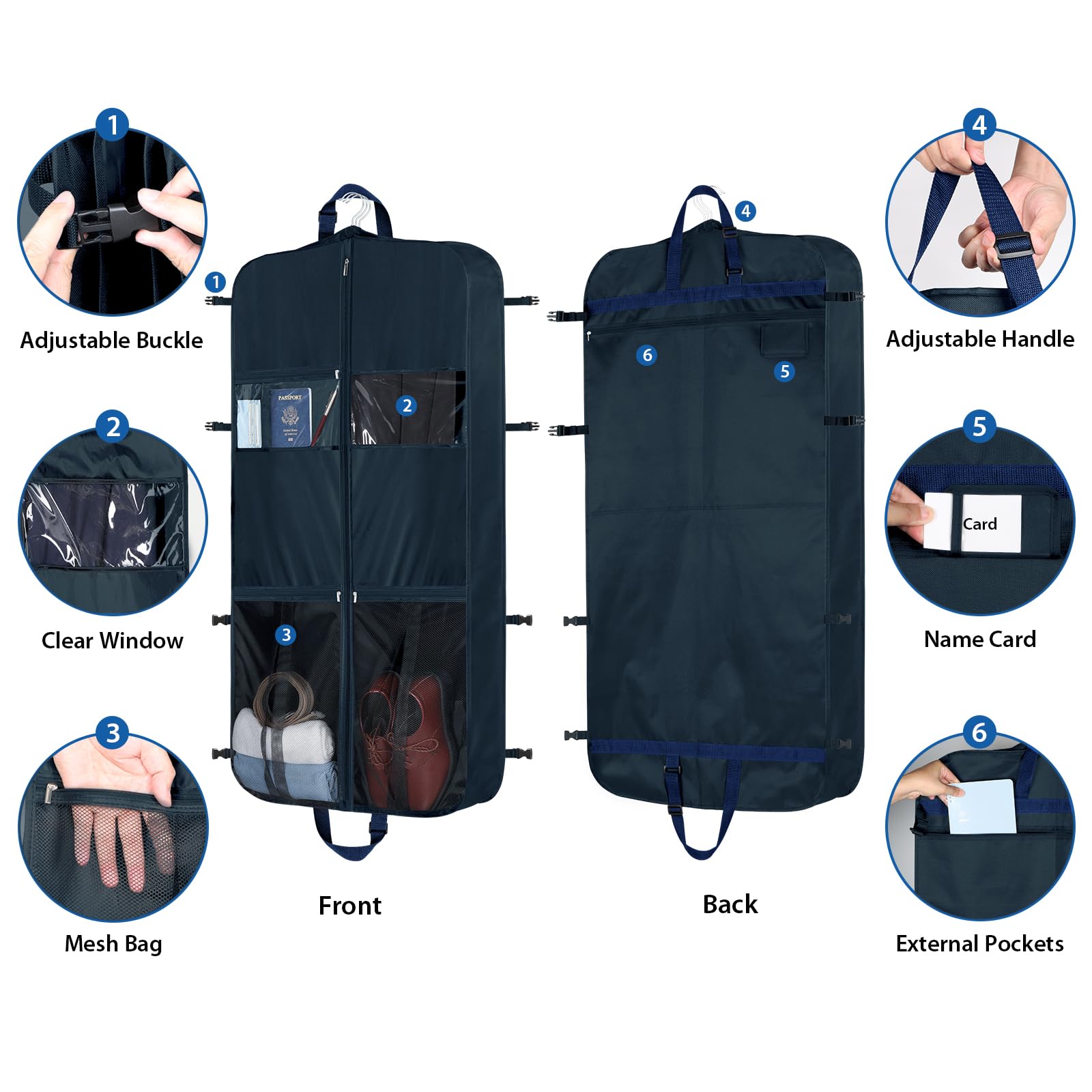 Zilink Hanging Suit Bags for Men Travel Heavy Duty Garment Bags for Travel and Storage Garment Bags for Hanging Clothes with Adjustable Handles and Stable Buckles for Suit Shirts Dresses, Navy Blue