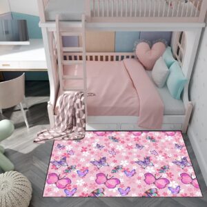 Pink Butterfly Rug - Butterfly Area Rug - Fantasy Butterflies Printed Carpets for Girls Kids Butterfly Theme Living Room Indoor Bedroom Decor 4'5''×6' Soft Polyester Large Yoga Mat