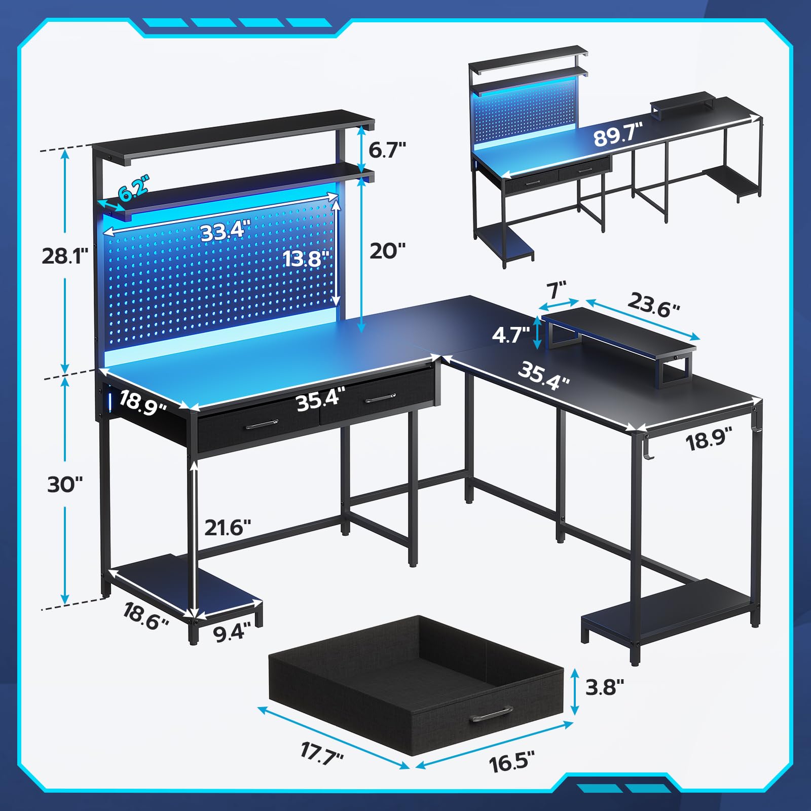 SEDETA L Shaped Gaming Desk with LED Lights, Pegboard and Drawers, Gaming Desk with Hutch, Computer Desk with Monitor Stand, Storage Shelves, Home Office Desk Corner Desk, Gaming Table, Black