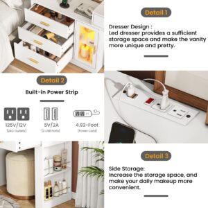 AOGLLATI Makeup Vanity Desk with Mirror and Lights & Charging Station, White Vanity Table with 3 Drawers LED Dresser, Makeup Desk with 3 Lighting Modes, 5 Drawers and Cabinet Storage