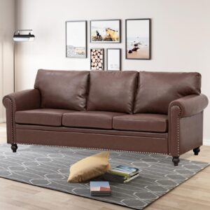 INOTEVERITORY Brown Leather Couch，Comfy Classic 3 Seater Living Room Sofa，Mid-Century Modern Sofa with Detachable Cushions 84" for Living Rooms, Bedrooms, Offices,Apartments Tool-Free Assembly