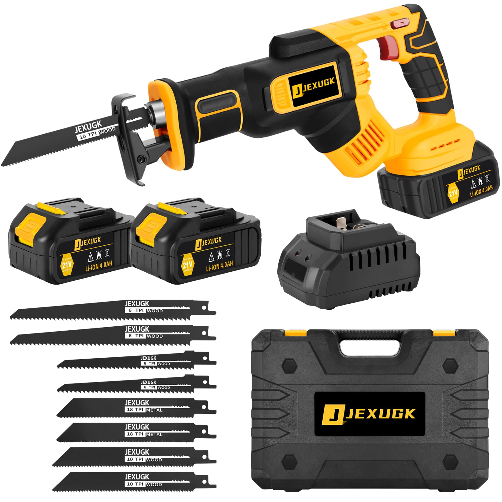 JEXUGK Reciprocating Saw Cordless, 21V 2 x 4.0Ah Battery Brushless Power Cordless Saw, 0-3500 SPM Variable Speed, 8 Saw Blades & Fast Charger Reciprocating Saws for Wood/Metal/PVC Cutting