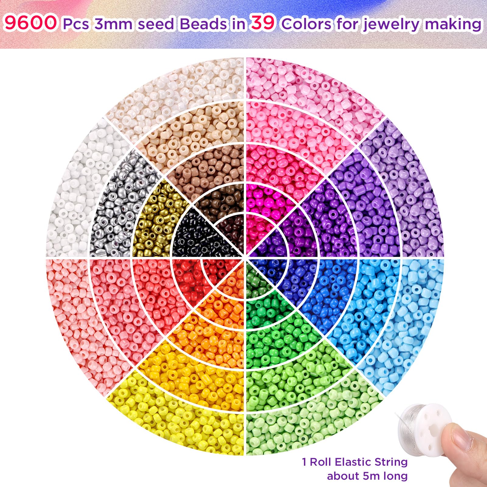 Funtopia 39 Colors 3mm Seed Beads, 9600pcs Small Beads for Jewelry Making, Tiny Craft Beads for Bracelet Making