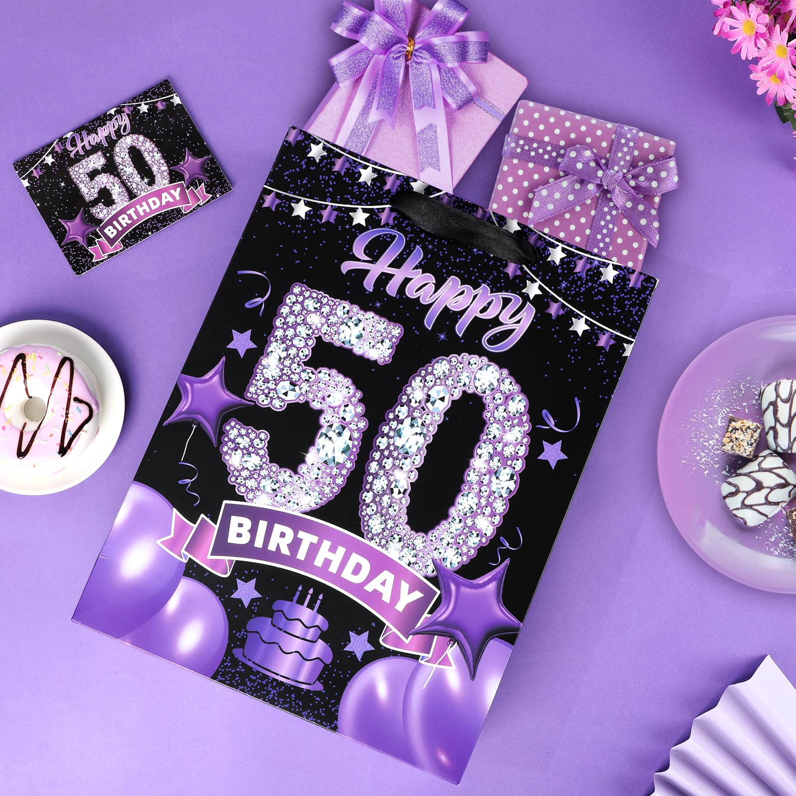 Black Purple 50th Birthday Gift Bag with Happy 50th Birthday Greeting Card and Tissue Paper for Women Black Purple 50th Birthday Gift Wrap Bag with Handles for 50th Birthday Party Decorations Supplies