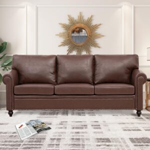 INOTEVERITORY Brown Leather Couch，Comfy Classic 3 Seater Living Room Sofa，Mid-Century Modern Sofa with Detachable Cushions 84" for Living Rooms, Bedrooms, Offices,Apartments Tool-Free Assembly