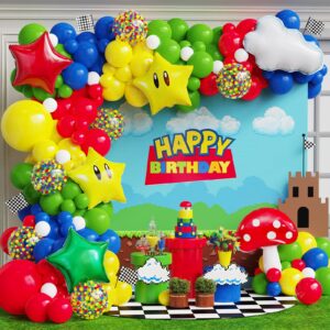 133pcs red blue green yellow balloon garland kit with confetti balloon cloud mushroom star balloons for cartoon video game theme birthday birthday party supplies