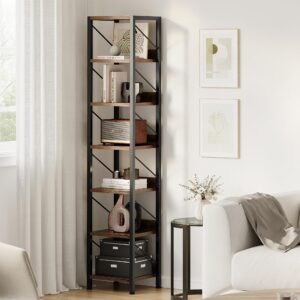 idealhouse bookshelf narrow bookcase tall skinny storage rack shelf 6 tier standing bookshelves metal frame rustic display racks industrial book shelf for bedroom, living room, home office