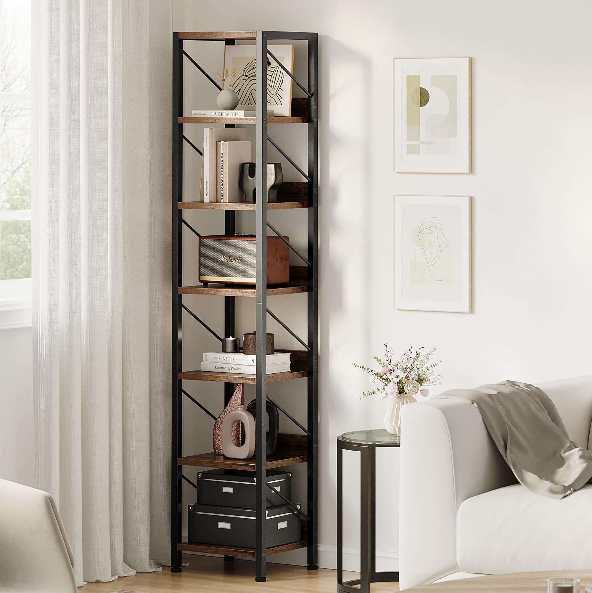 IDEALHOUSE Bookshelf Narrow Bookcase Tall Skinny Storage Rack Shelf 6 Tier Standing Bookshelves Metal Frame Rustic Display Racks Industrial Book Shelf for Bedroom, Living Room, Home Office