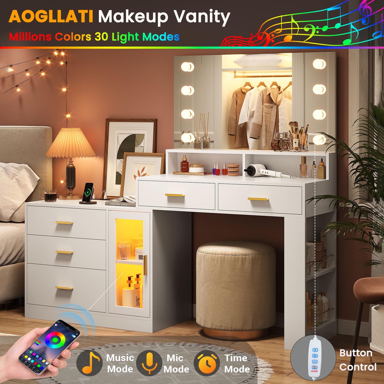 AOGLLATI Makeup Vanity Desk with Mirror and Lights & Charging Station, White Vanity Table with 3 Drawers LED Dresser, Makeup Desk with 3 Lighting Modes, 5 Drawers and Cabinet Storage