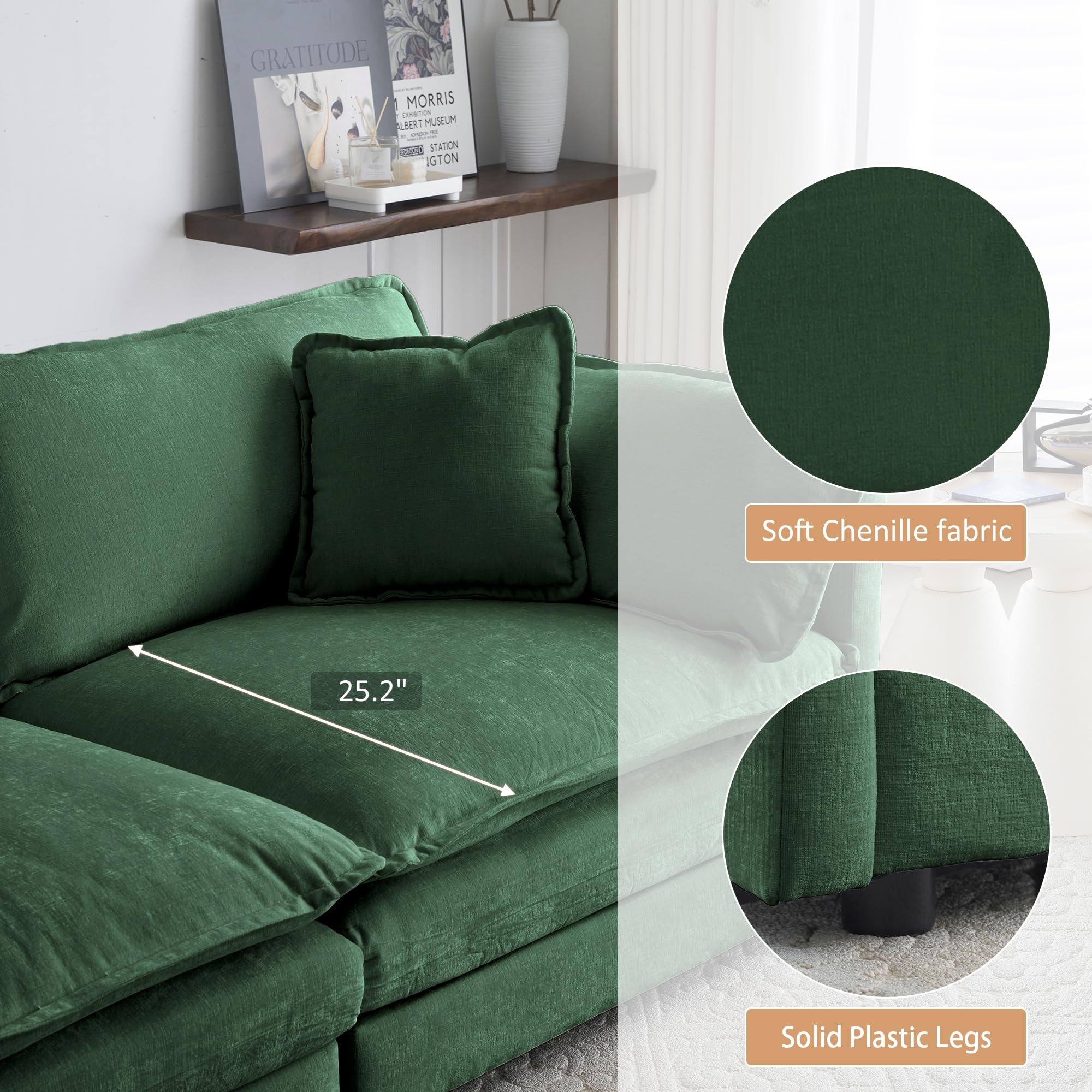 GNIXUU 111.5" Green Cloud Sofa Couch, Modern Comfy Chenille 3 Seat Sofa Couch with Pillows & Armrest for Living Room, Bedroom, Deep Seat Sofa