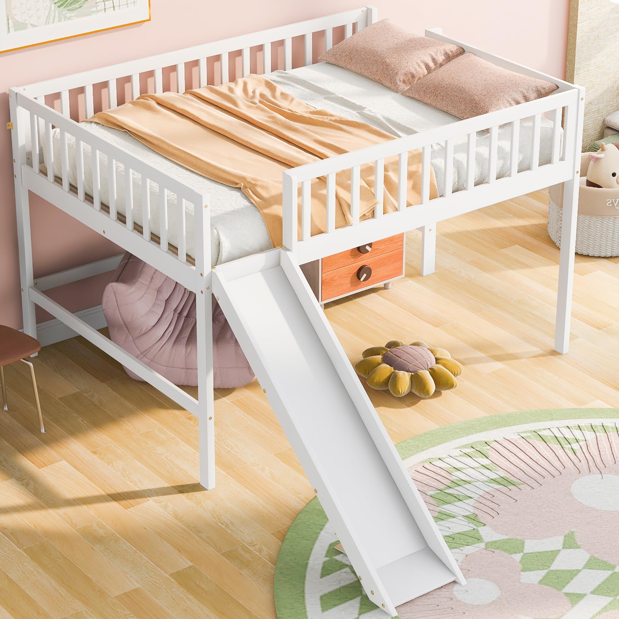 Full Size Low Loft Bed with Slide Wood Junior Loft Beds Frame with Ladder and Guardrails for Kids Boys Girls, White