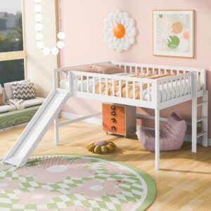 Full Size Low Loft Bed with Slide Wood Junior Loft Beds Frame with Ladder and Guardrails for Kids Boys Girls, White