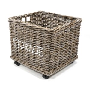 happimess bsk1001a yael coastal hand-woven storage rattan basket with wheels and handles for storage and decoration in bedroom, living room, laundry room, entryway, kubu gray