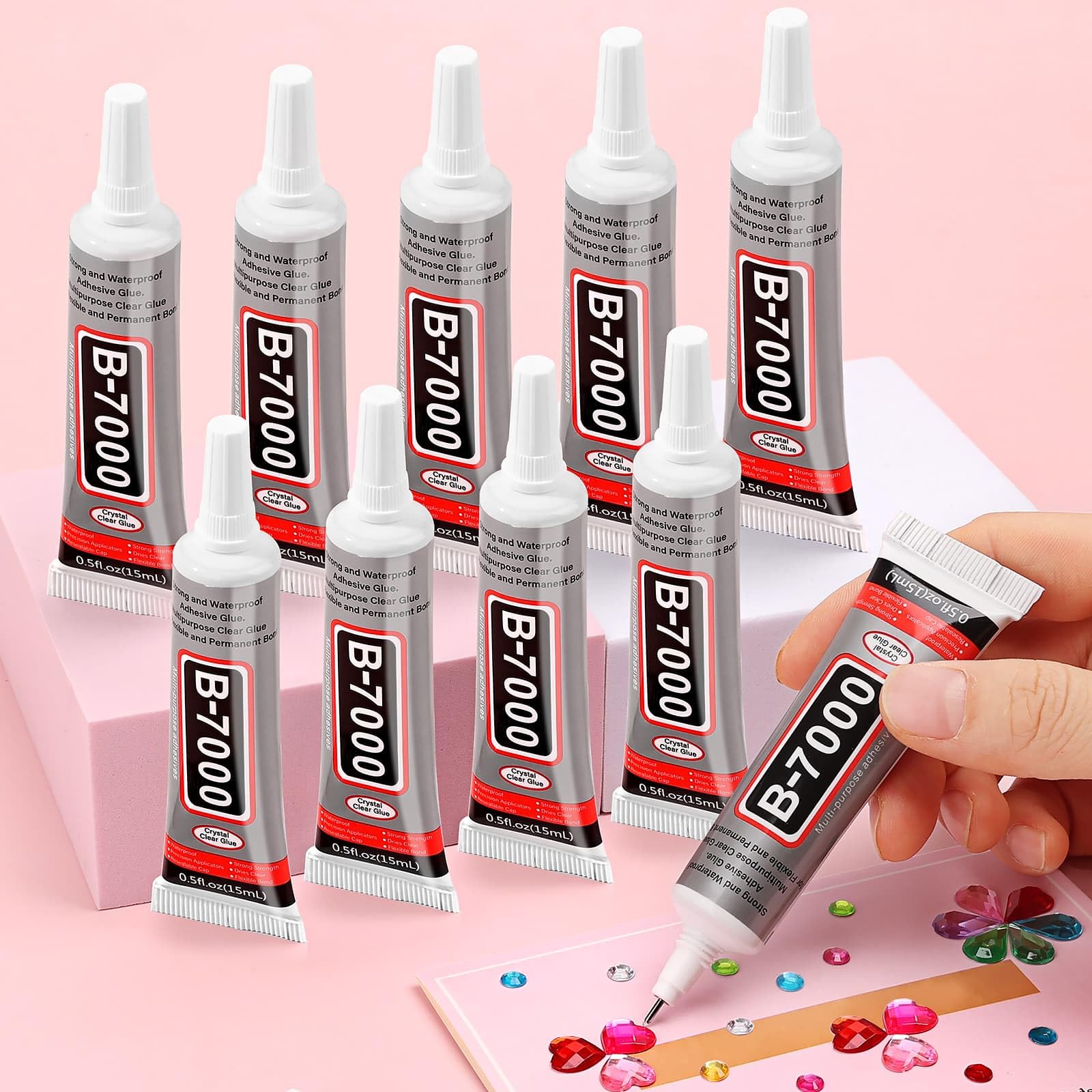 B7000 Jewelry Glue for Rhinestones, Cridoz 10Pack Super Craft Glue with Precision Tip Multi Function Clear Glue Fabric Adhesive for Cloth Stone Metal Platic Clay Bead Jewelry Making