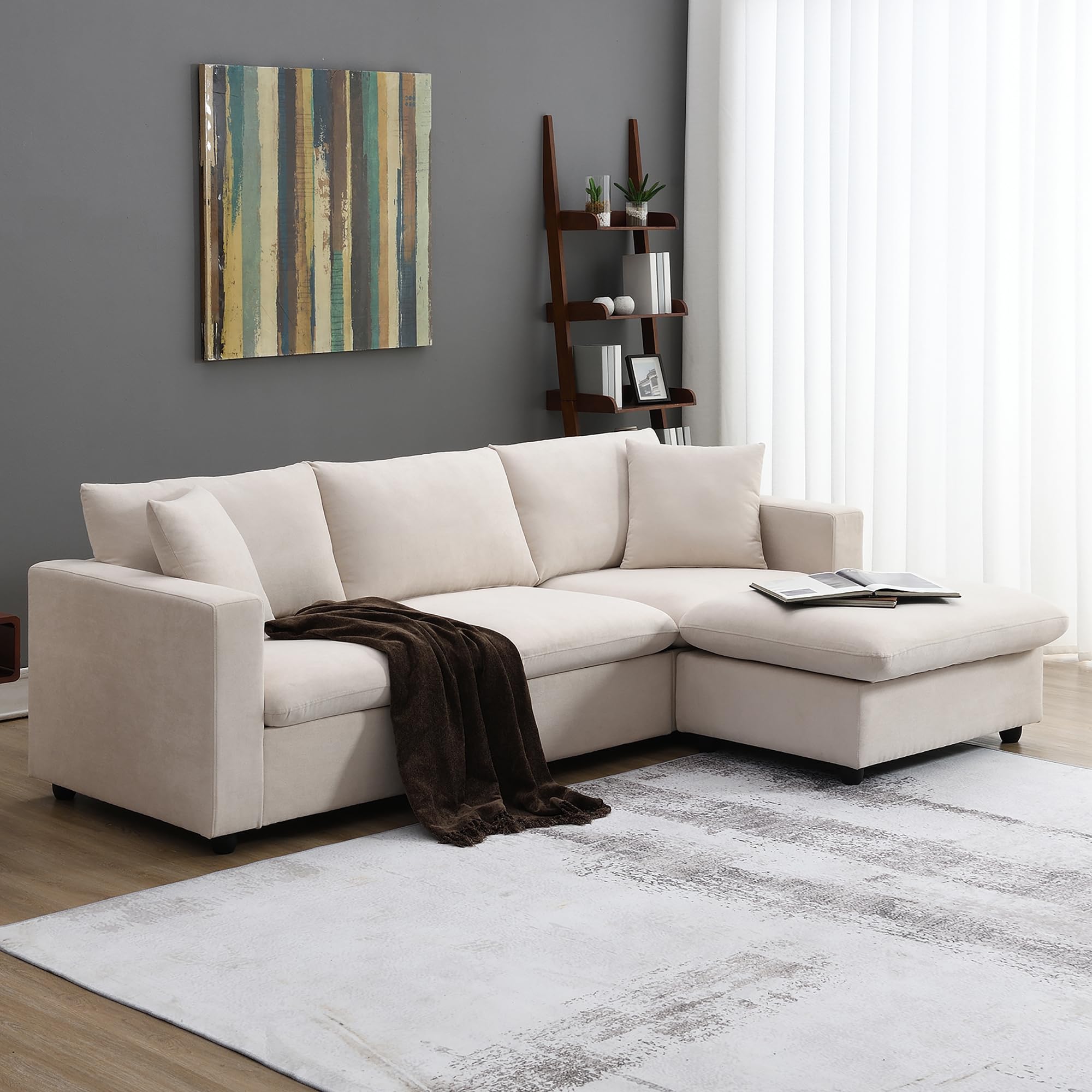 JURMALYN 100.4" Modern Sectional Sofa Couch 3-Seat Sofa Couch with Ottoman for Living Room L-Shape Sofa Couch, Upholstered Sofa with 2 Pillows Fabric Couch Set for Apartment Office Beige