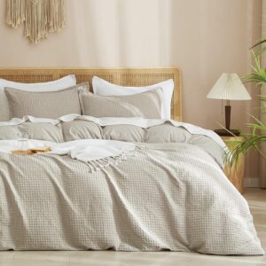 phf waffle weave duvet cover set king size, 3 piece ultra soft breathable durable comforter cover for all season, waffle textured duvet cover with 2 pillow shams bedding collection, 104"x90", linen