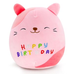 fafvbing 9 inch birthday plush pillow, soft plush toy, cute pink stuffed animal, home room decoration, birthday gift for kids toddlers (pink cat)