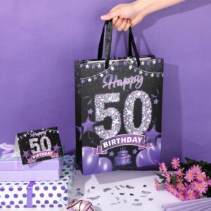 Black Purple 50th Birthday Gift Bag with Happy 50th Birthday Greeting Card and Tissue Paper for Women Black Purple 50th Birthday Gift Wrap Bag with Handles for 50th Birthday Party Decorations Supplies