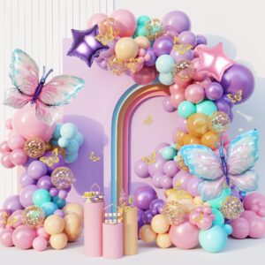 163Pcs Butterfly Pink and Purple Balloons Garland Arch Kit, Birthday Baby Shower Decorations Pink Purple Blue Confetti Star Balloons for Girls Women Bridal Wedding Butterfly Party Baby Shower Supplies