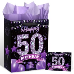 black purple 50th birthday gift bag with happy 50th birthday greeting card and tissue paper for women black purple 50th birthday gift wrap bag with handles for 50th birthday party decorations supplies