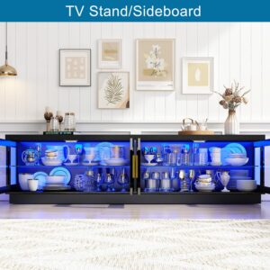 Hlivelood 71IN LED TV Stand for 85/80/75inch TV,High Glossy Modern TV Stand for Living Room,Wooden Farmhouse TV Stand,TV Entertainment Center with Storage Cabinet,TV Console,RGB LED(Black)