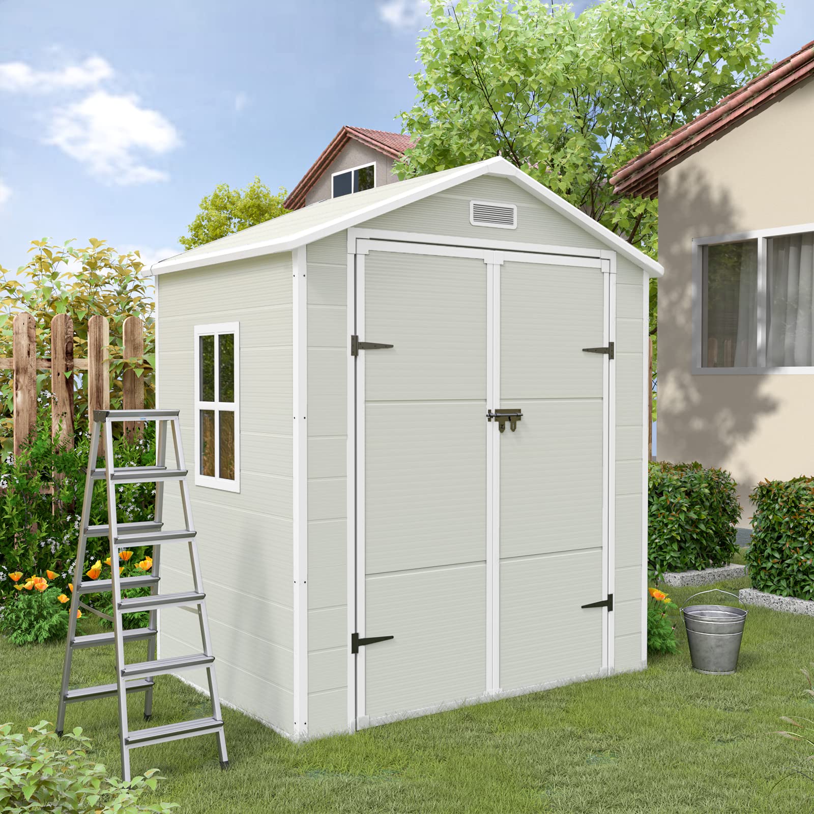 UDPATIO Outdoor Storage Shed 6x4.5 FT, Resin Outside Sheds & Outdoor Storage Plastic for Trash Can, Bike, Lawnmower, Generator, Tool Shed with Lockable Door for Backyard, Lawn, Patio, Sandstone