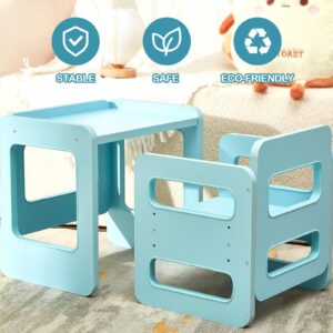 Beeveer Montessori Weaning Table and Chair Set Kids Toddler Wooden Table and Chair Set Adjustable Height Weaning Table with Fence for 8 Mouth-4 Years Old Activity Reading Play Toys Gift(Blue)