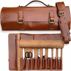 marion le kangou made of genuine calf top grain leather - handcrafted professional chef knife storage roll bag - 8 pockets - detachable shoulder strap - zippered interior pocket