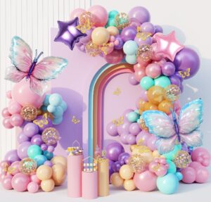 163pcs butterfly pink and purple balloons garland arch kit, birthday baby shower decorations pink purple blue confetti star balloons for girls women bridal wedding butterfly party baby shower supplies