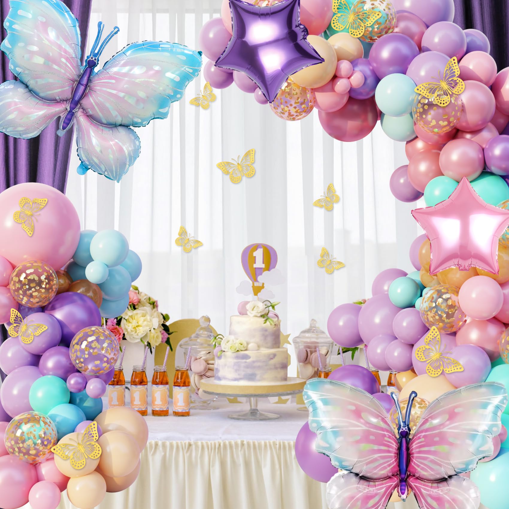 163Pcs Butterfly Pink and Purple Balloons Garland Arch Kit, Birthday Baby Shower Decorations Pink Purple Blue Confetti Star Balloons for Girls Women Bridal Wedding Butterfly Party Baby Shower Supplies