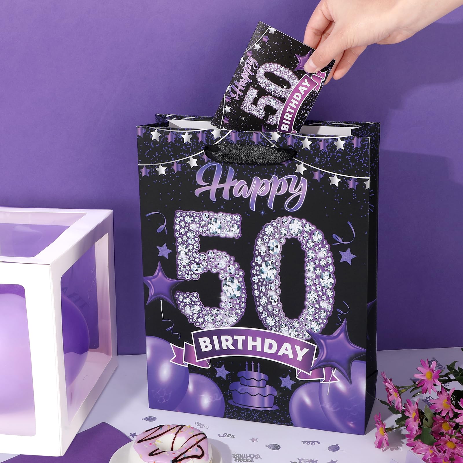 Black Purple 50th Birthday Gift Bag with Happy 50th Birthday Greeting Card and Tissue Paper for Women Black Purple 50th Birthday Gift Wrap Bag with Handles for 50th Birthday Party Decorations Supplies