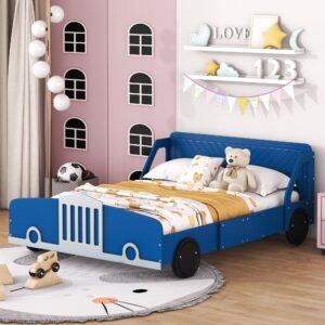 softsea full car shaped platform bed, wood car platform bed frame with wheels and guardrails, floor car shaped bed for kids boys, no box spring needed, blue