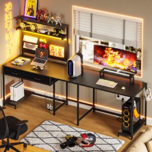 SEDETA L Shaped Gaming Desk with LED Lights, Pegboard and Drawers, Gaming Desk with Hutch, Computer Desk with Monitor Stand, Storage Shelves, Home Office Desk Corner Desk, Gaming Table, Black