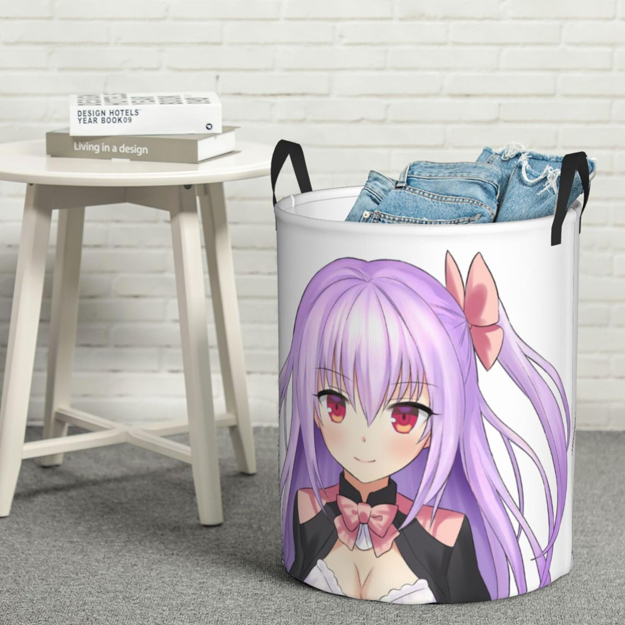 aHaBiKas Collapsible Laundry Basket Organizer, Moe Anime Character Girl Dirty Clothes Storage Basket with Handle for Bathroom Bedroom Living Room Medium Size