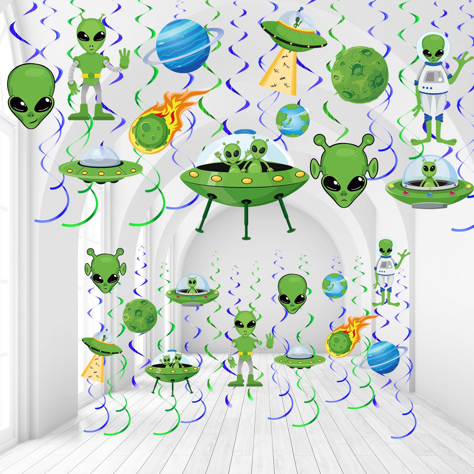 Capoda 54 Pcs Alien Decorations Hanging Swirls No DIY UFO Theme Party Ceiling Decorations Green Alien Outer Space Saucer Man Hanging Swirls Decorations for Boys Girls Birthday Baby Shower Decor