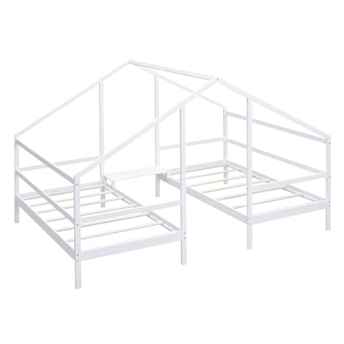 BOVZA Double Twin Size Triangular House Beds for Kids, Wood Bed Frame with Built-in Table, 2 Twin Platform Beds for Kids Teens, White