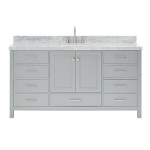 ariel single bath vanity 67" inch grey, 1.5" edge carrara marble countertop & splash, rectangular sink, 2 soft closing doors, 9 full extension dovetail drawers, brushed nickel